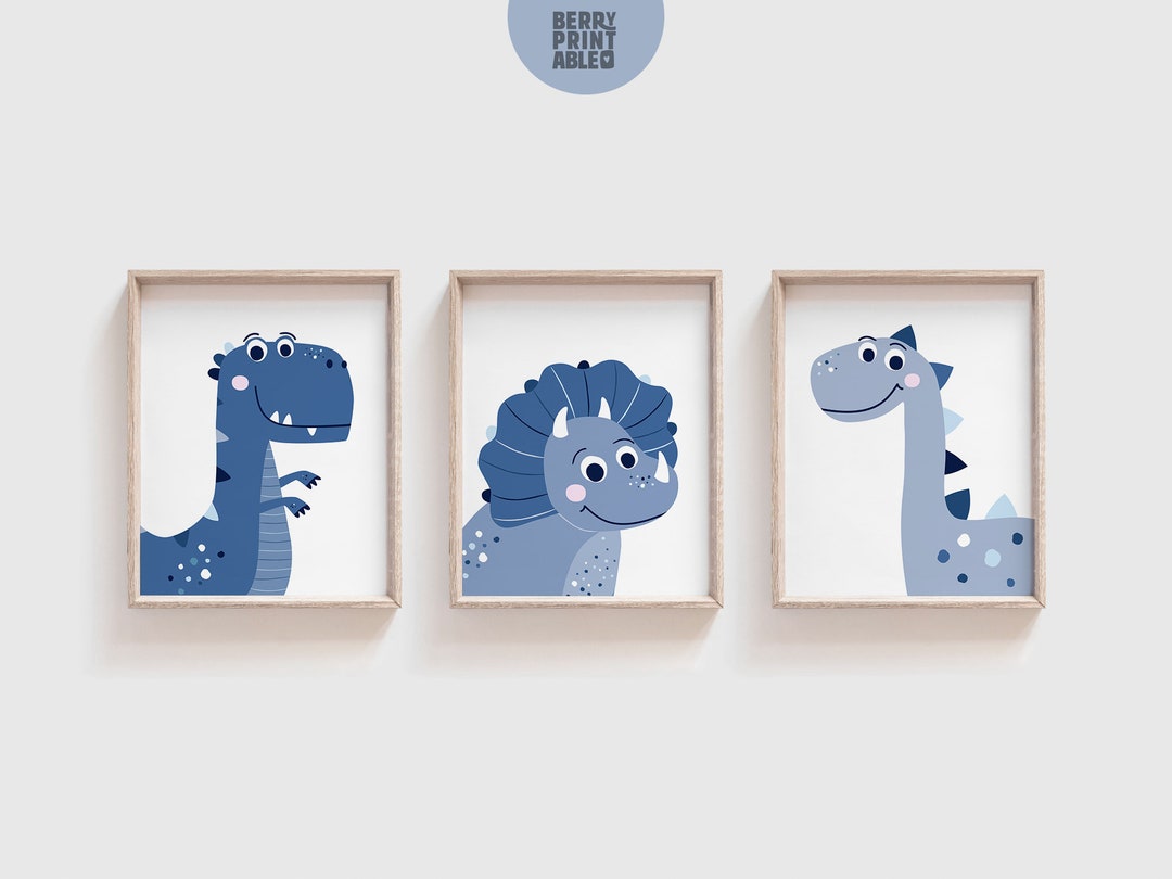 Blue Dinosaur Printable Set of 3, T-rex Poster, Dino Printable Decor ...