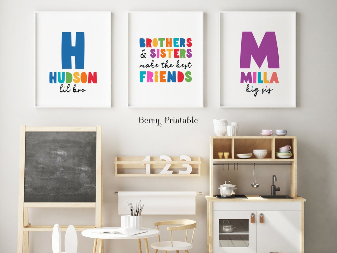 Brother and Sister Wall Art Set of 3, Custom Name Poster, Rainbow ...