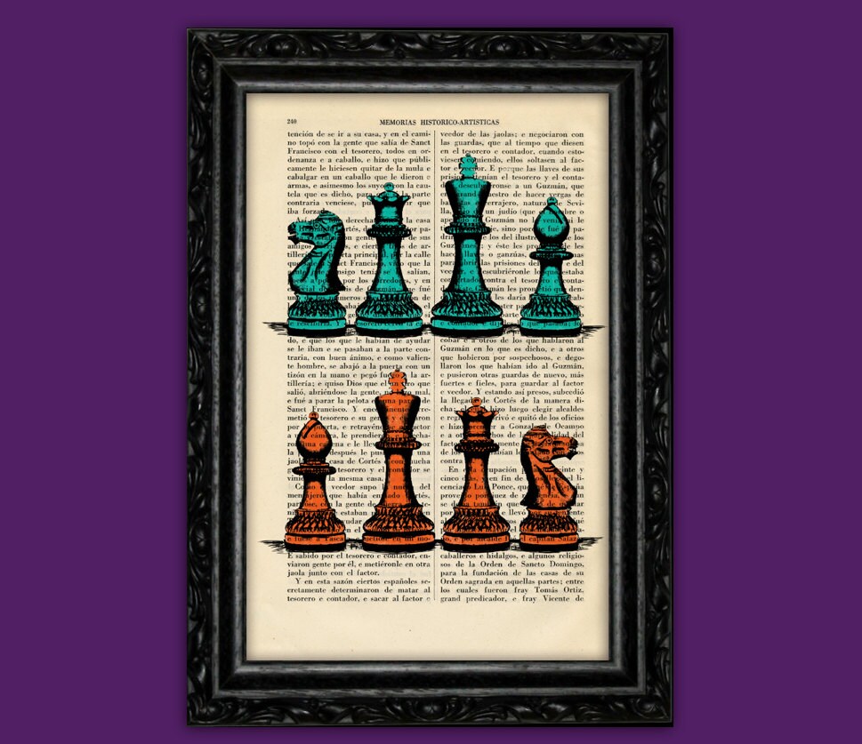 Chess Pieces Book Art Print Game Geek Poster Book Art Gift | Etsy