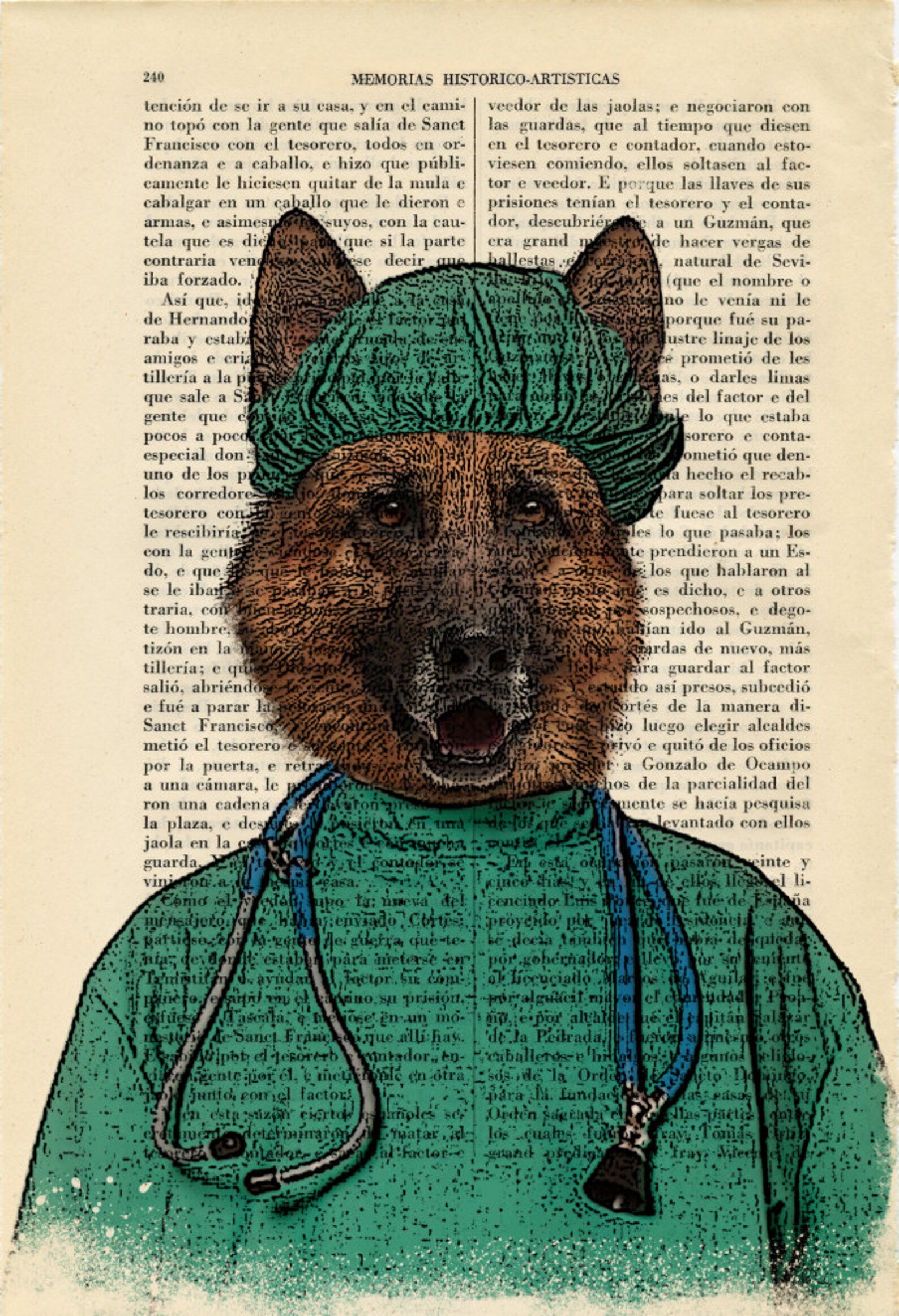 Doctor German Shepherd Dog Retro Wall Decor Art, Dotwork Print on ...
