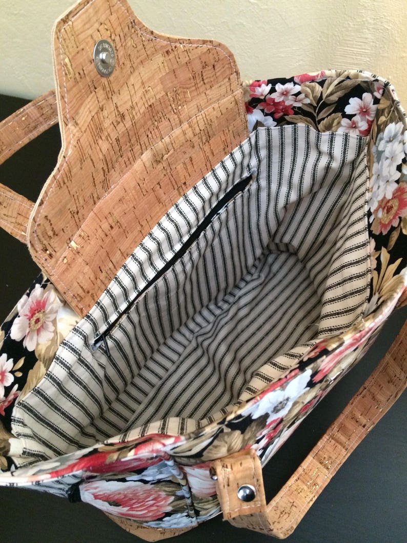 Black Floral and Cork Harriet Expandable Handbag/tote | Etsy