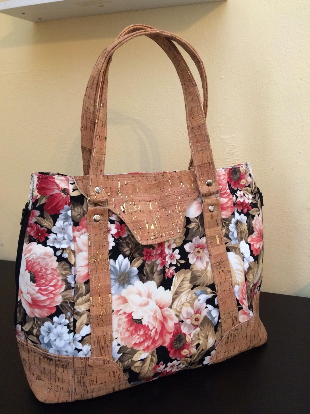 Black Floral and Cork Harriet Expandable Handbag/tote - Etsy