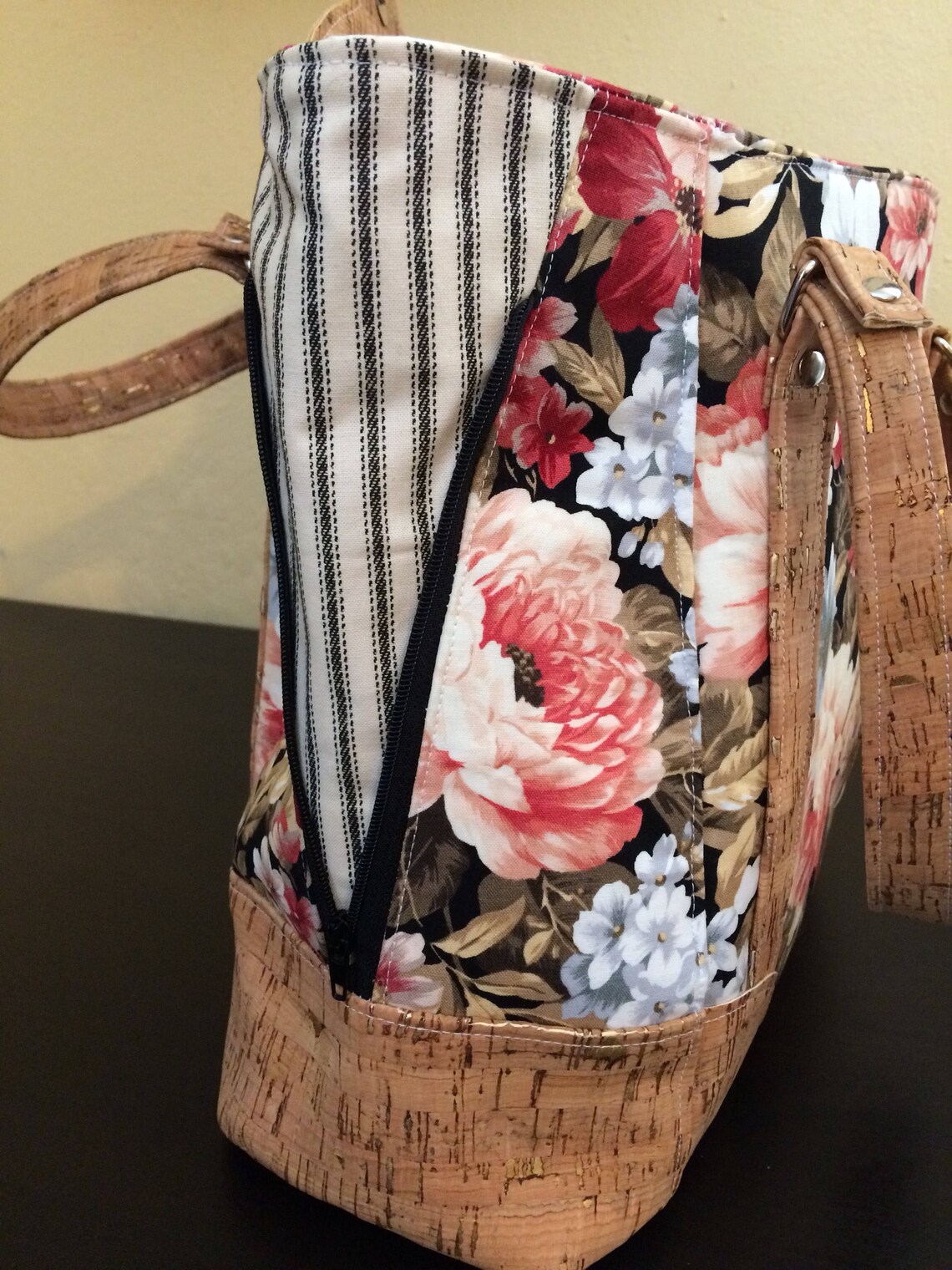 Black Floral and Cork Harriet Expandable Handbag/tote - Etsy