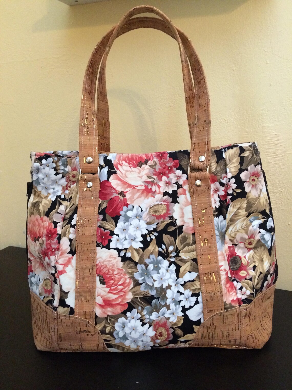 Black Floral and Cork Harriet Expandable Handbag/tote - Etsy