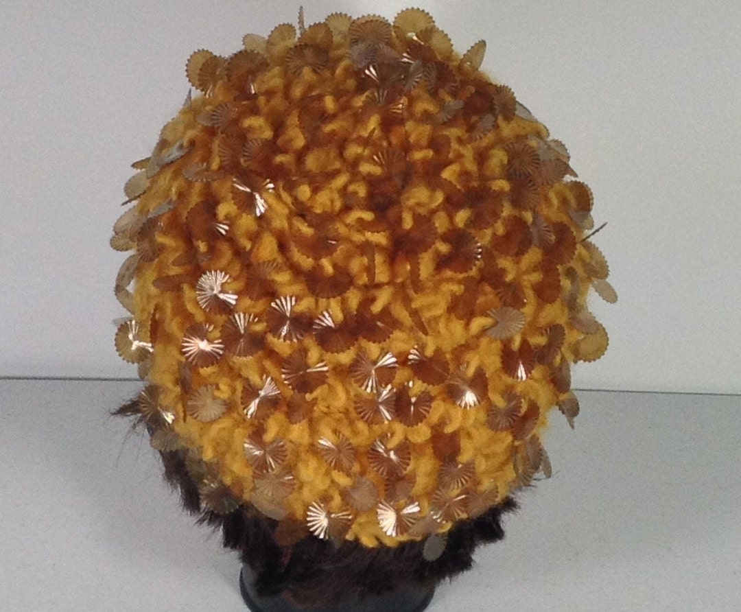 Gold Beret With Spangles, Mod Wool Hat, Hand Crocheted Sequin Hat ...