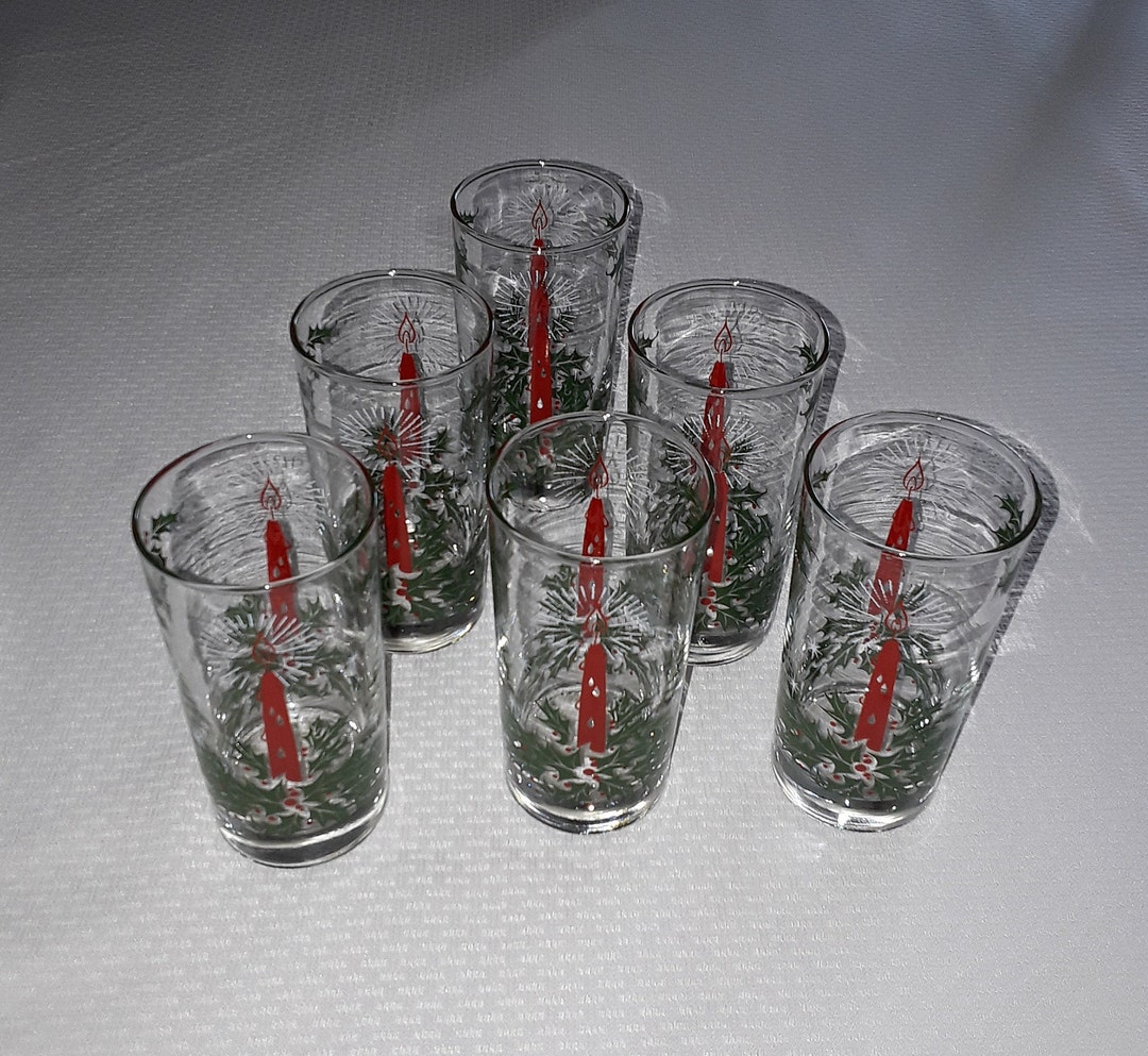 Set of 6 Christmas Drinking Glasses, Vintage Holiday Barware With Red ...
