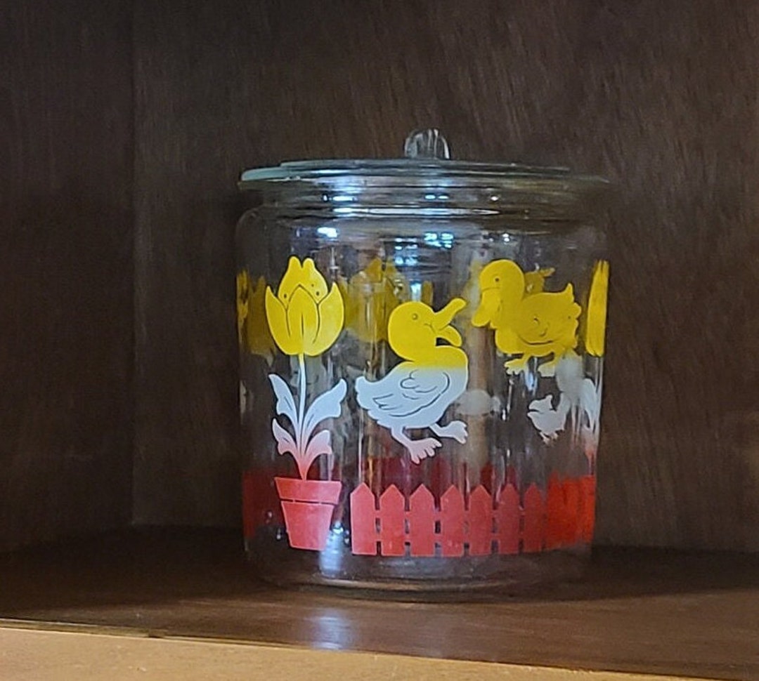 Vintage Baby Animal Print Glass Canister Jar, Lamb Ducks Rabbits Cookie ...