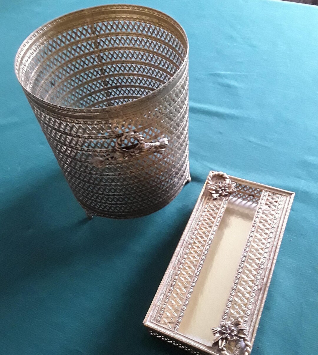 Ornate Gold Metal Waste Bin & Tissue Box, 1970s Gold Filigree Footed ...