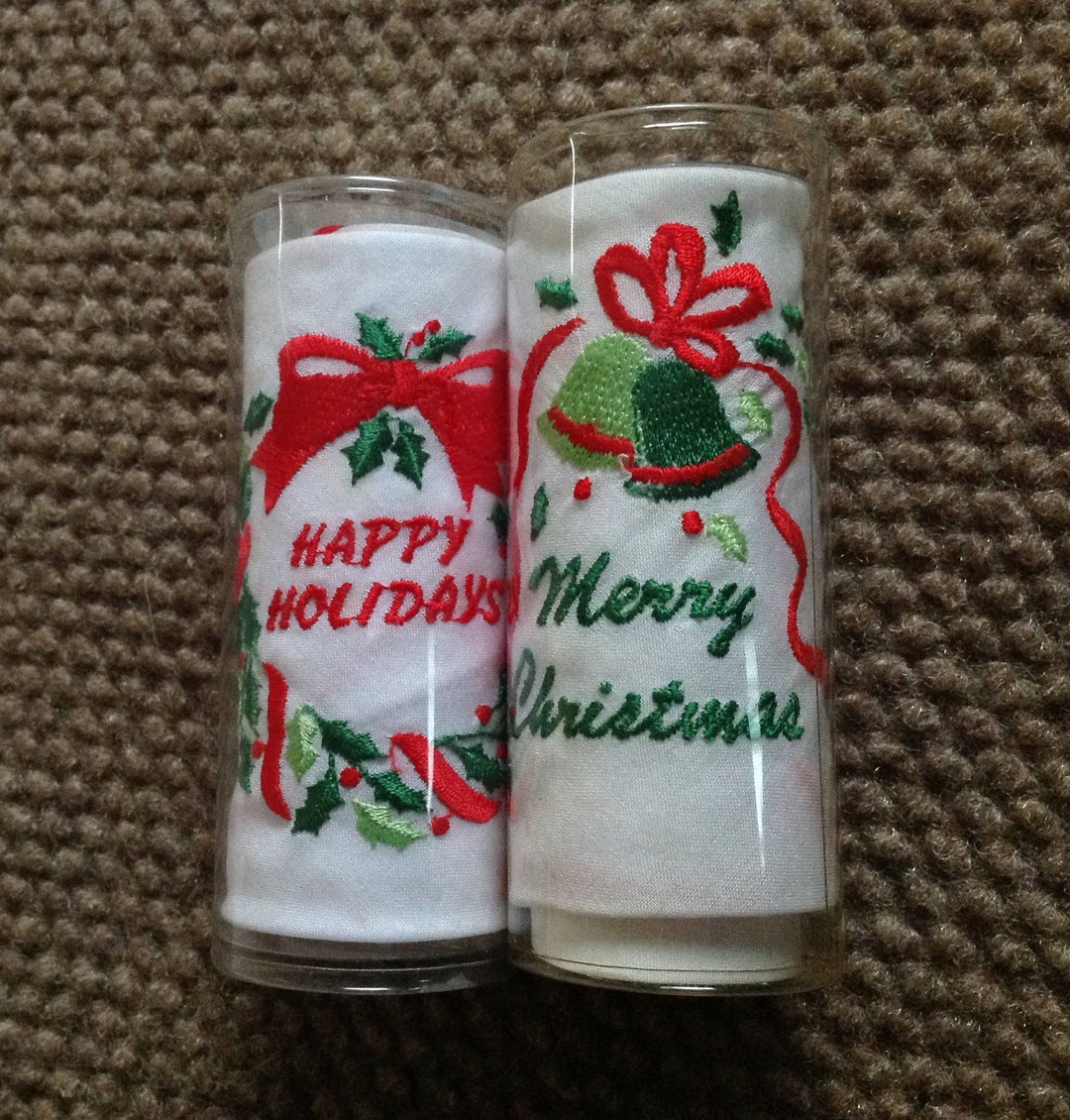 Set of 2 Embroidered Christmas Handkerchiefs, NOS Holiday Accessories ...