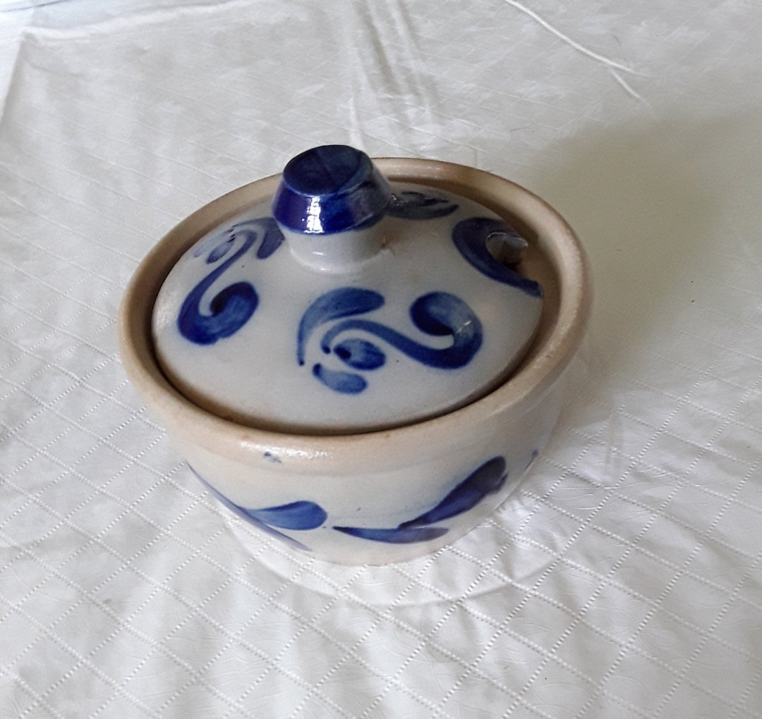 Vintage German Salt Glazed Pottery Jam Pot, Blue Stoneware Lidded Jar ...
