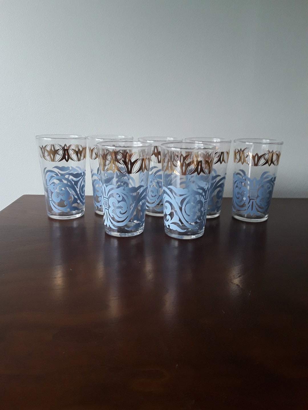 Vintage Federal Glass Drinkware, Set of 7 Gold and Light Blue Glassware ...