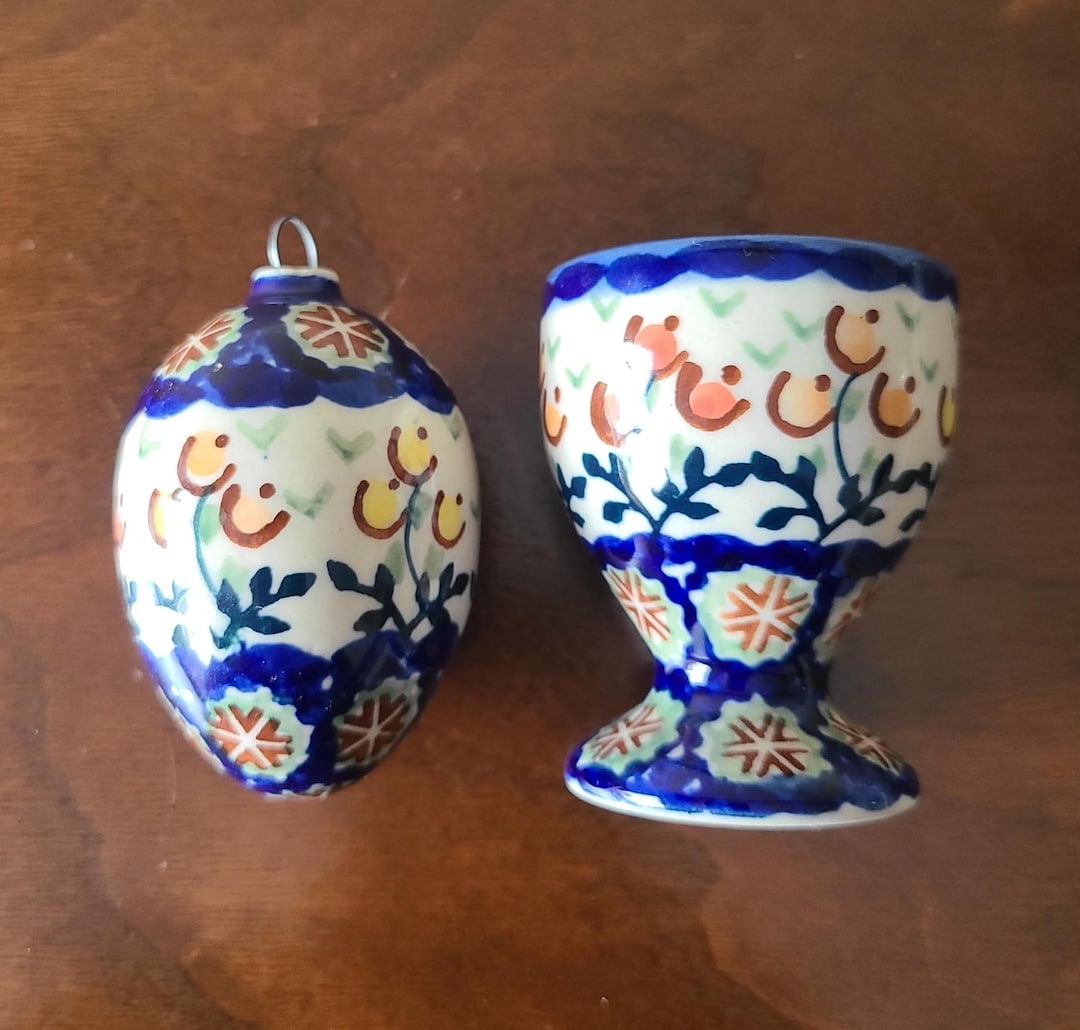 Traditional Polish Pottery Egg Cup and Ornament, Hand Painted ...