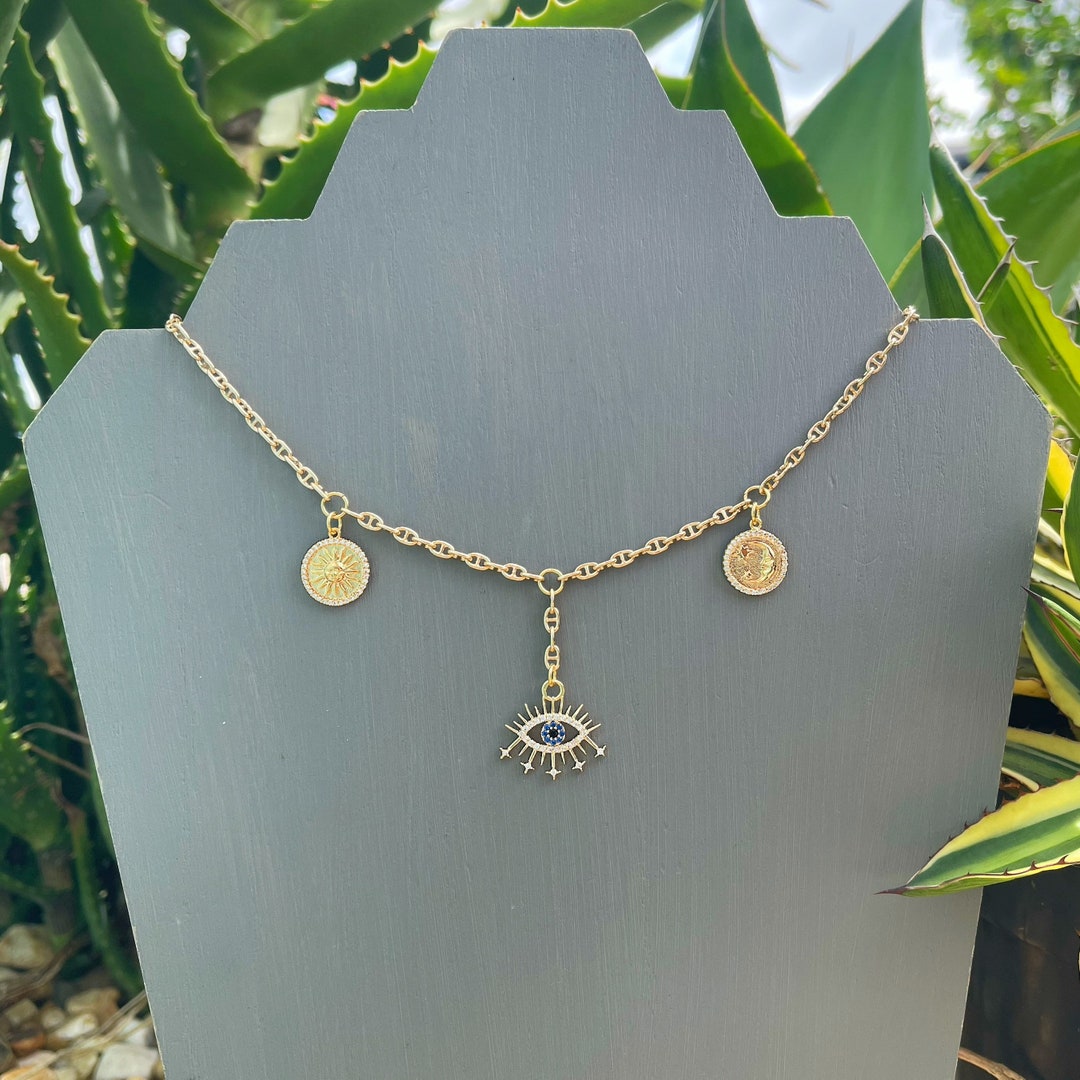 Bold Triple Charmed Celestial Evil Eye Necklace With Sun and - Etsy
