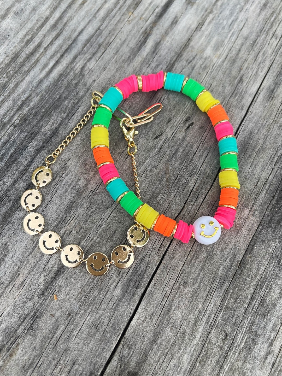 BRIGHT Smiley Face Gold Bracelet & Rainbow Rubber Heishi Bracelet Set ...