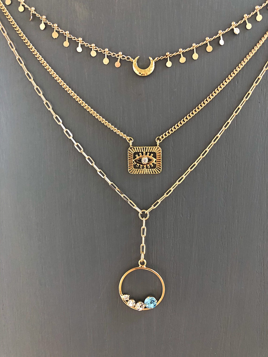 SWEET 3pc Gold Necklace Stack with Crescent Moon Protective | Etsy