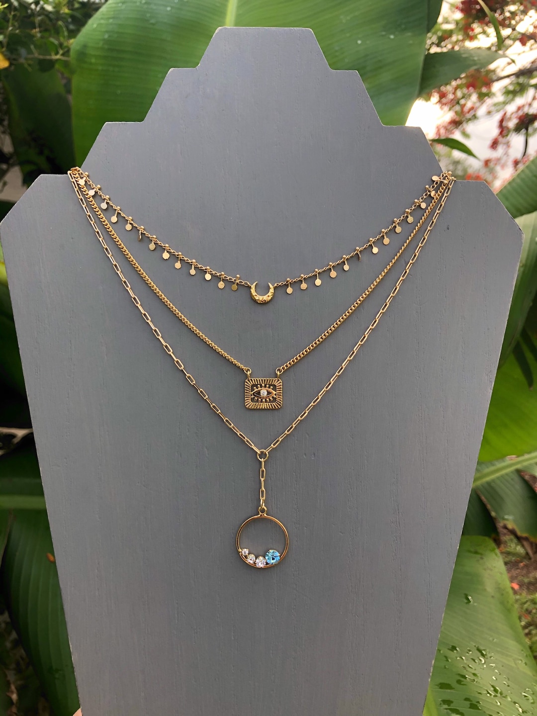 SWEET 3pc Gold Necklace Stack With Crescent Moon Protective Eye and ...