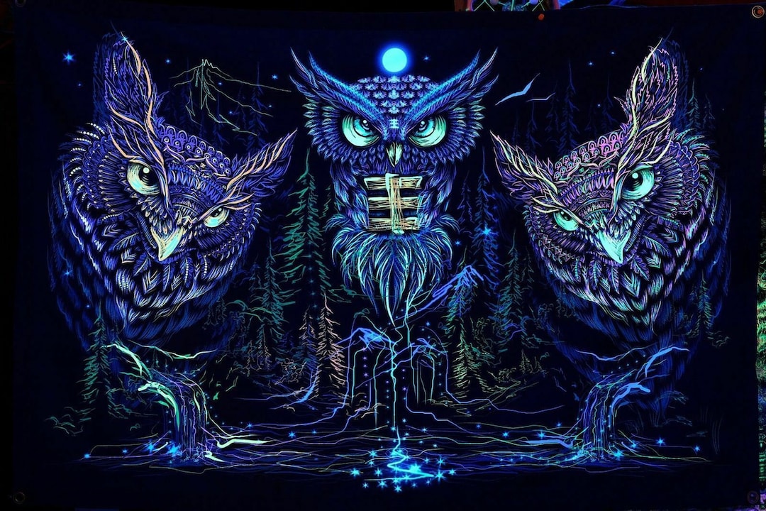 王 Mystical Owls UV Black Light Fluorescent Glow Psychedelic Art ...