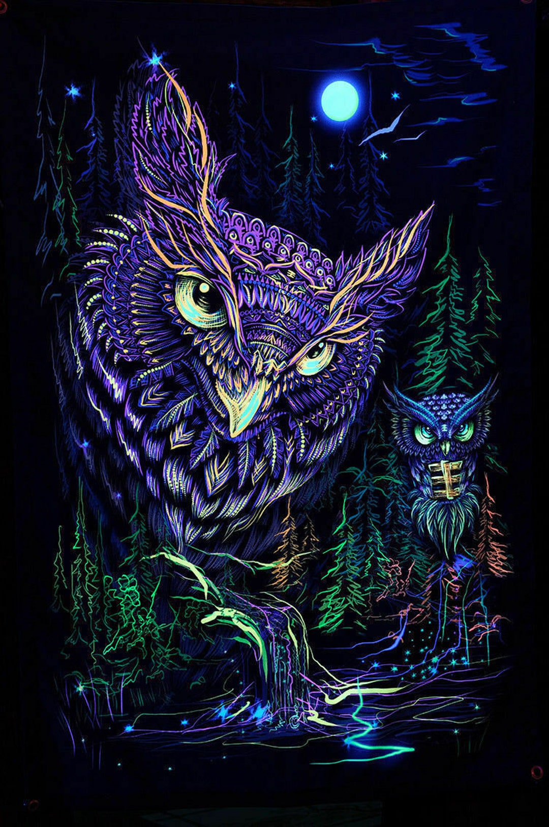 王 Midnight Owls UV Black Light Fluorescent Glow Psychedelic Art ...
