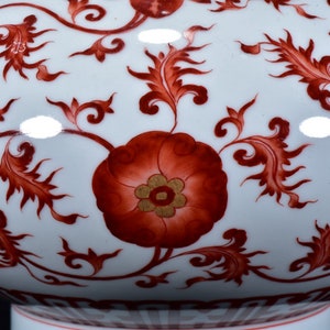 N4440 Chinese Gilt Gold Iron Red Glaze Flower Design Chi Dragon Double ...