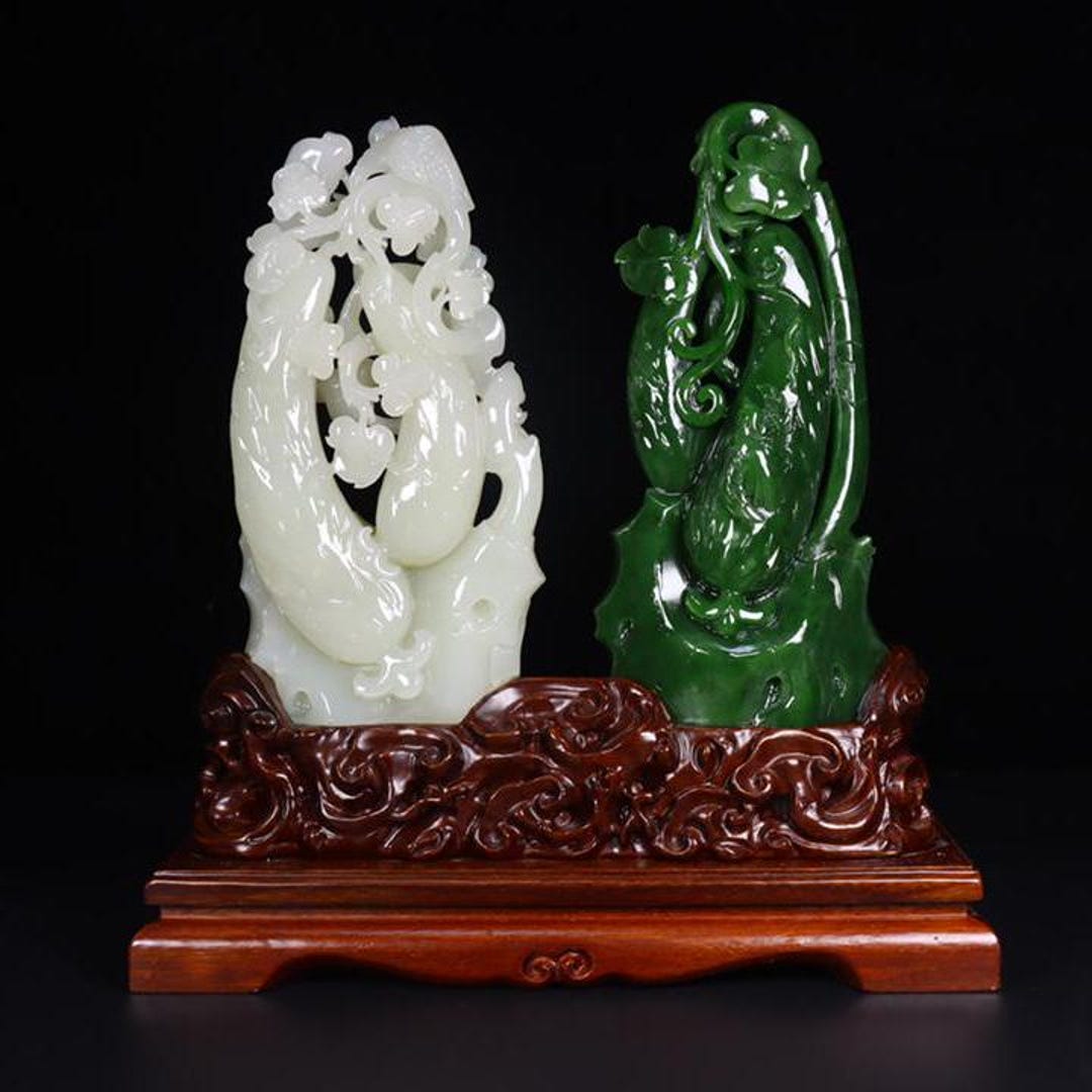 N7571 A Set Chinese Natural White & Green Hetian Jade Carved Cucumber ...