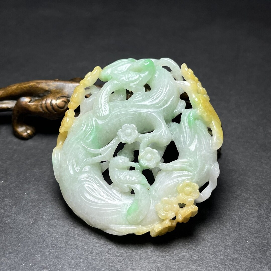 N0288 Openwork Natural Yellow Green Jadeite Carved Plum Flower & Magpie Pendant - Etsy