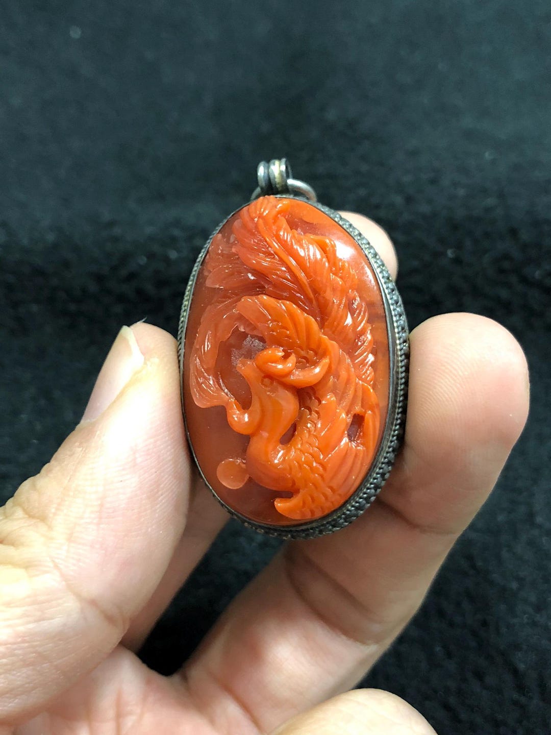 N6726 Old Chinese Pure Silver Inlay Nanhong Agate Phoenix Pendant - Etsy