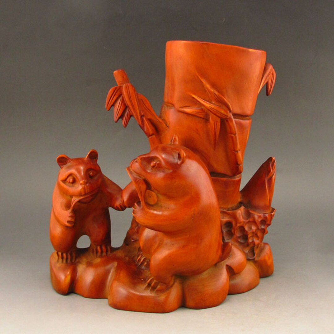 A6487 Chinese Boxwood Wood Brush Pot W Pandas - Etsy