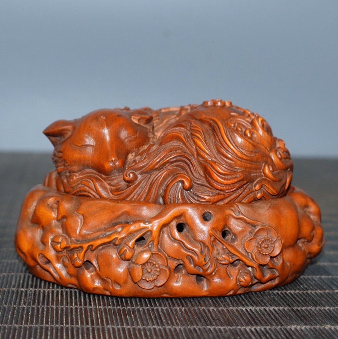 N1945 Openwork Chinese Boxwood Wood Carved Plum Flower & Nine-tailed ...