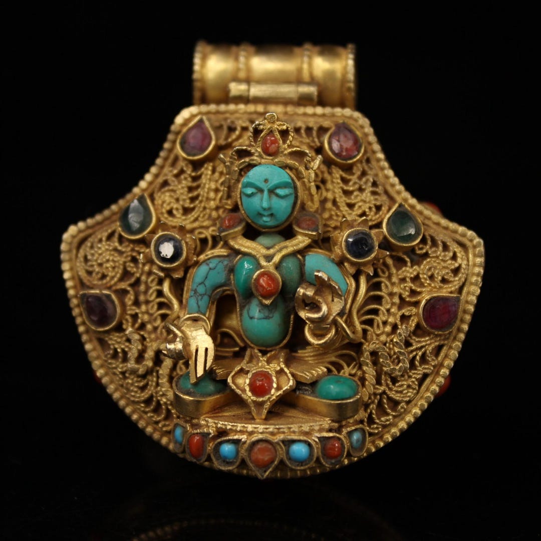 N8867 Vintage Tibetan Gilt Gold Silver Inlay Turquoise & Gem Gawu Box ...