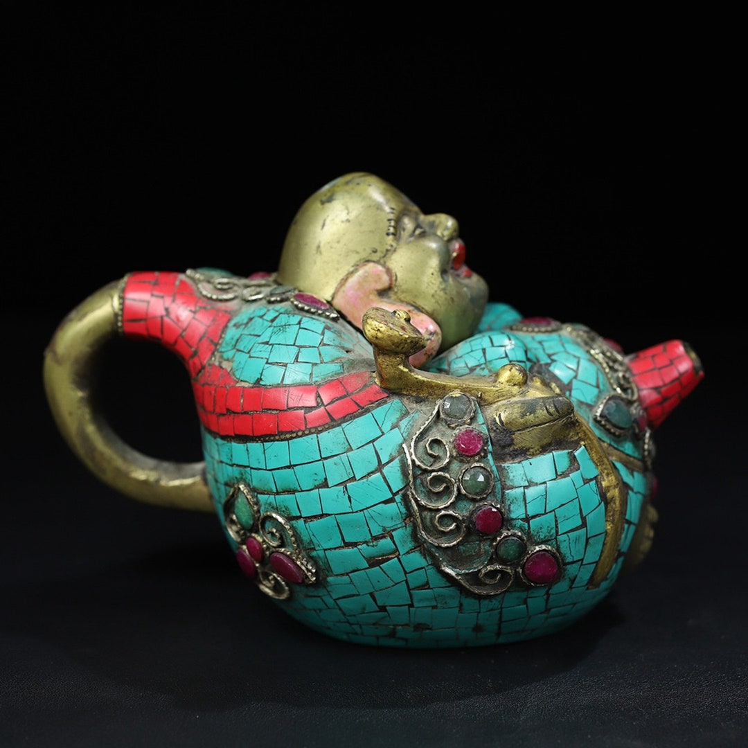 E7556 Vintage Chinese Brass Inlay Turquoise Laughing Buddha Teapot - Etsy