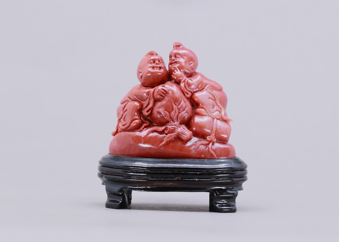 Chinese Natural Red Shoushan Stone Statue W Fortune Kids - Etsy