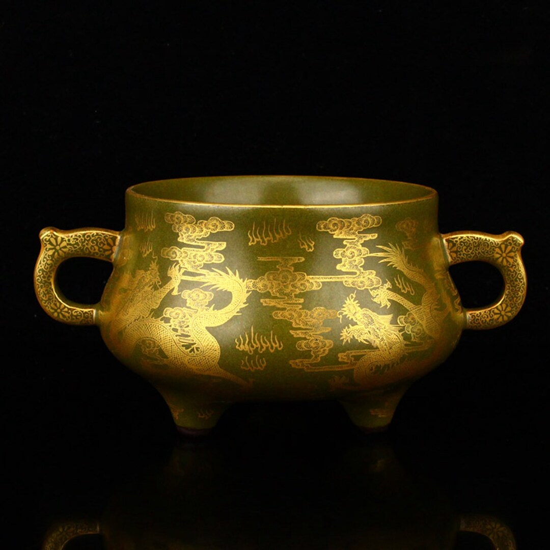 F0095 Chinese Gilt Gold Tea Dust Glaze Double Ears Cloud Dragon Design ...