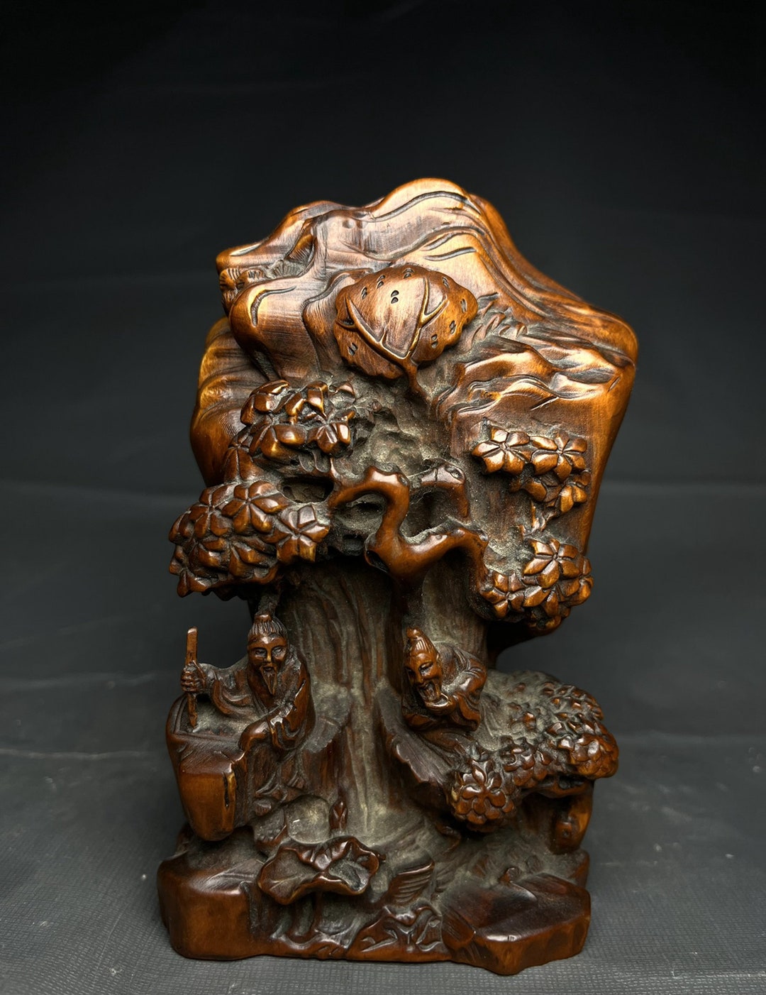 E6130 Old Chinese Boxwood Wood Carved Pine Tree & Figure - Etsy