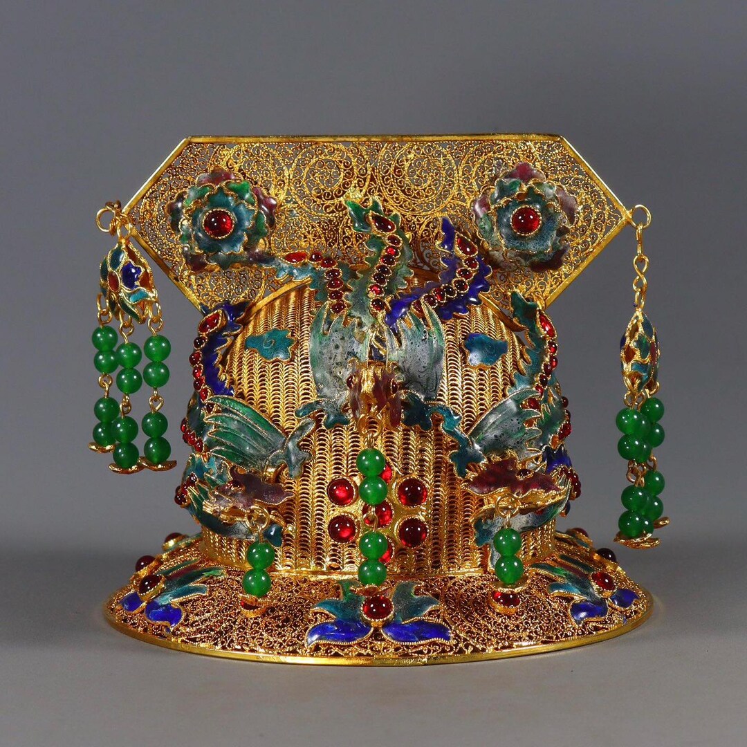 N7180 Exquisite Chinese Gilt Gold Bronze Inlay Gem Flower & Phoenix ...
