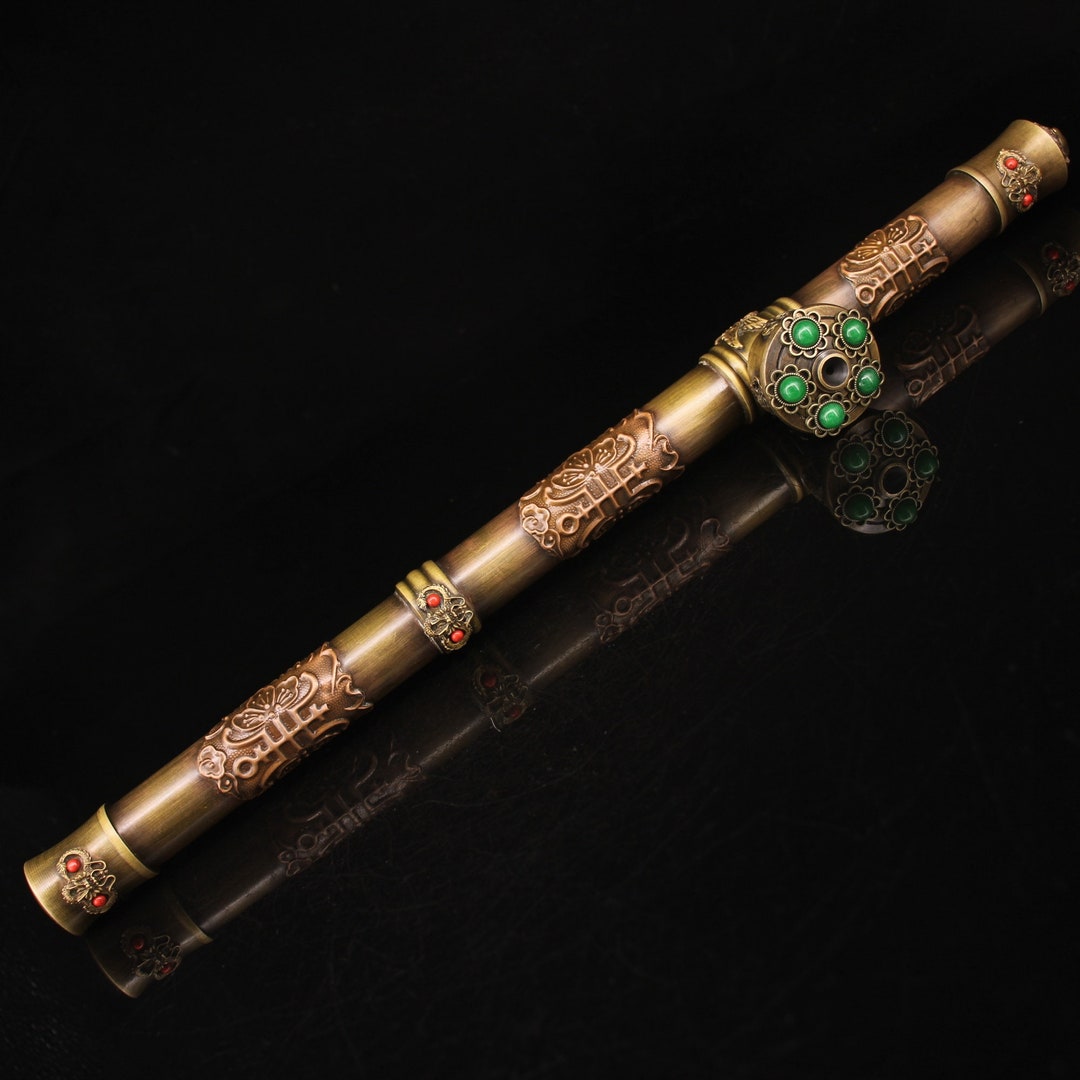 E6915 Chinese Brass Inlay Gem & Green Jade Tobacco Pipe - Etsy