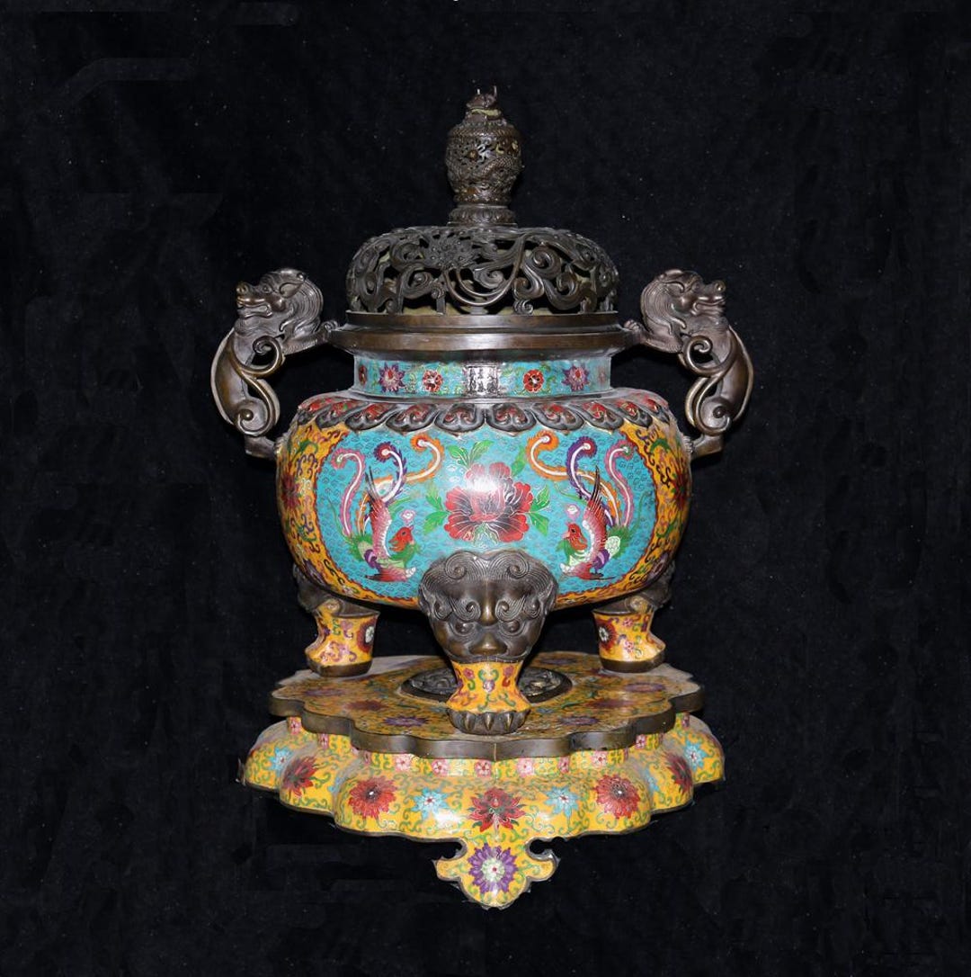 N7514 Vintage Chinese Bronze Cloisonne Lion Double Eears 3 Legs Incense ...