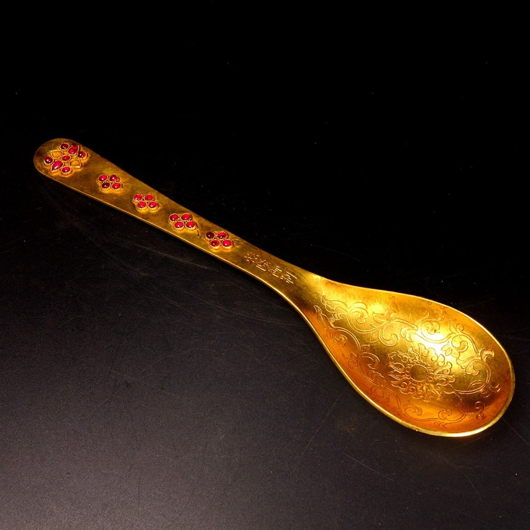 E7847 Old Chinese Gilt Gold Bronze Inlay Gem Spoon - Etsy