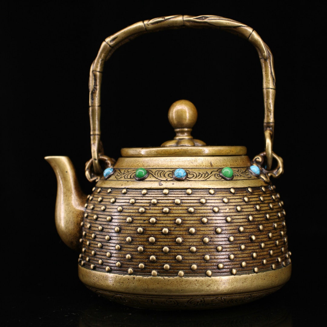 N4425 Old Chinese Brass Inlay Gem Handle Teapot - Etsy