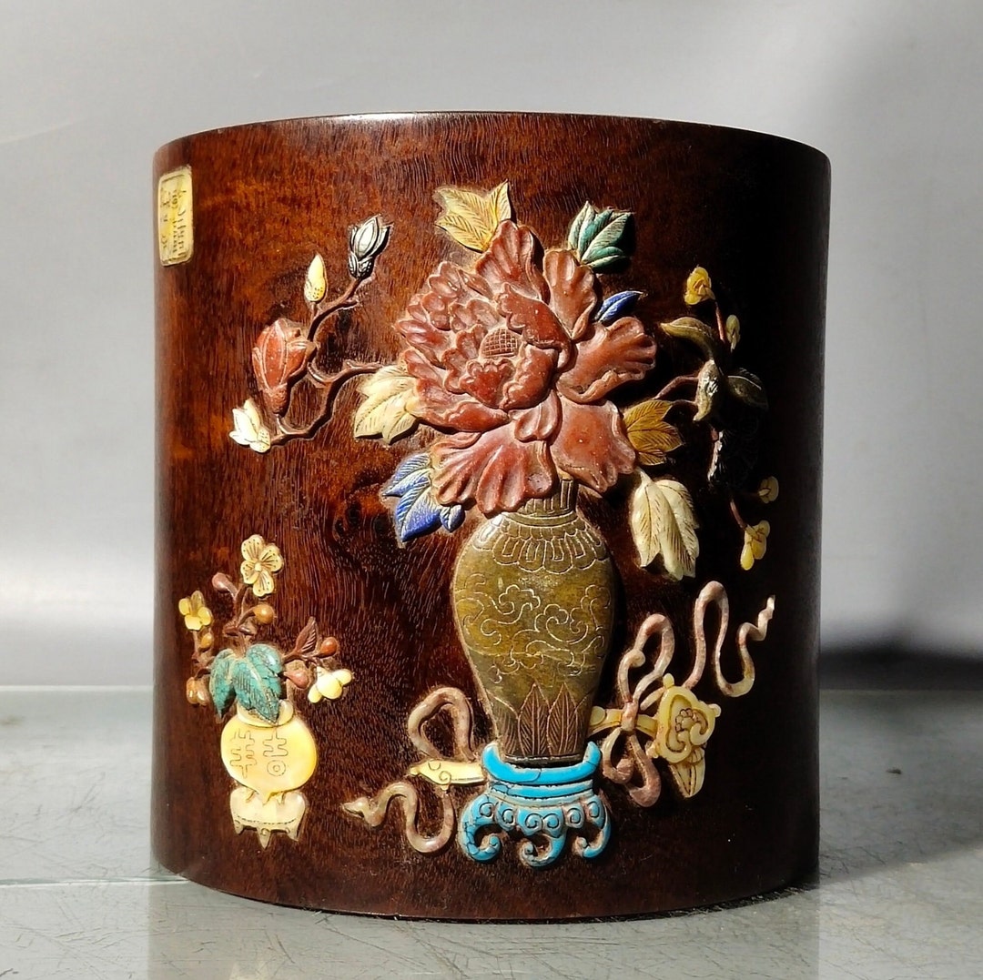 E7003 Vintage Chinese Huali Wood Inlay Gem Flower Vasr Design Brush Pot - Etsy