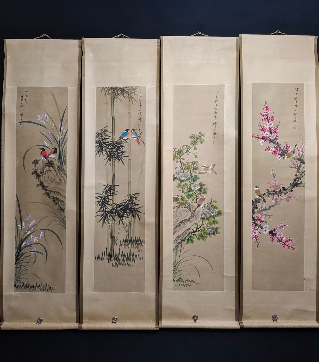 E9436 A Set Four Chinese Watercolour on Xuan Paper Flower Bird Painting ...