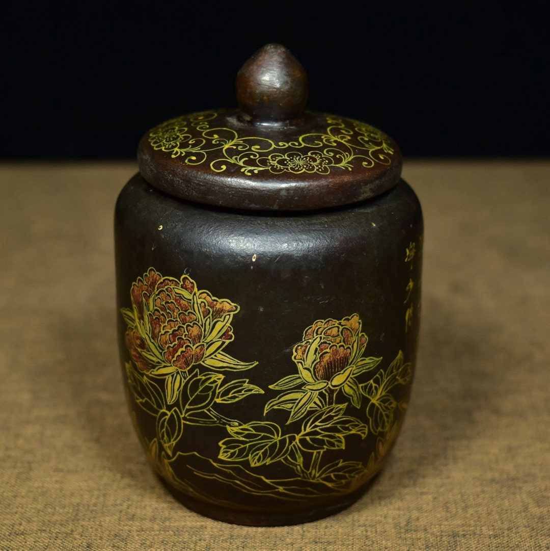 E6343 Old Chinese Gilt Gold Wooden-cored Lacquerware Flower Design Pot ...