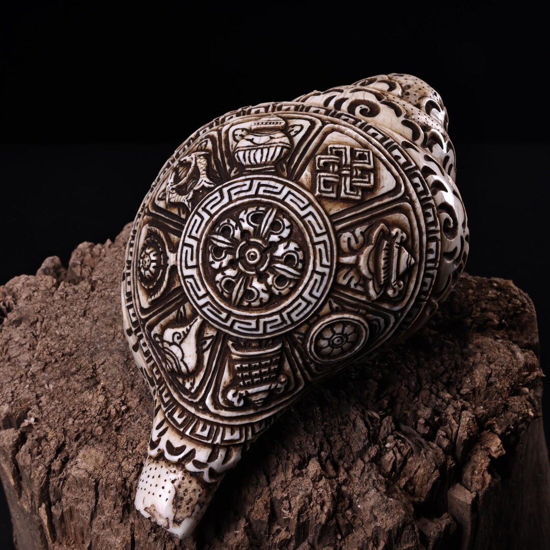N8153 Tibetan Buddhism Low Relief Eight Treasures Design Prayer Conch ...
