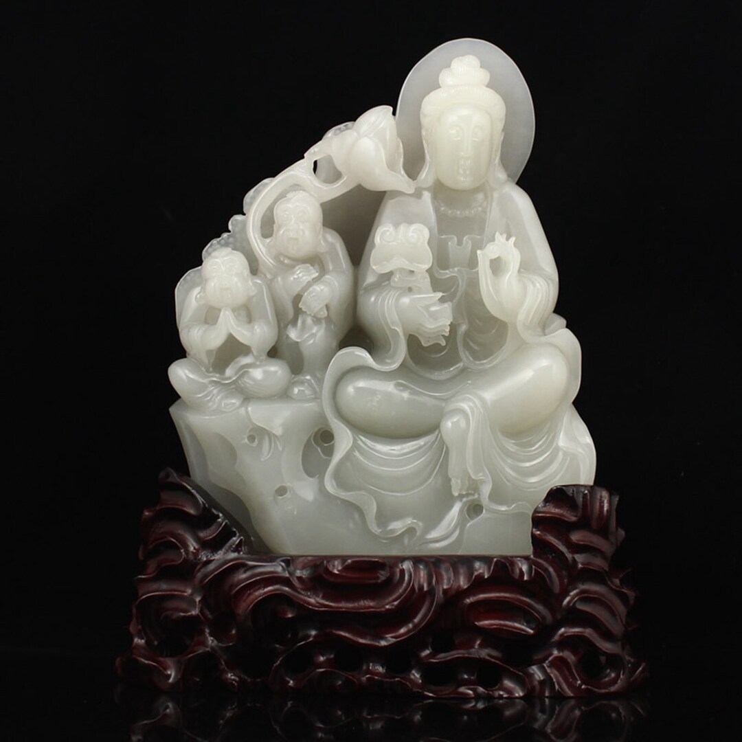 F0390 Superb Chinese Qing Dynasty Jade Kwan-yin & Fortune Kids Statue ...