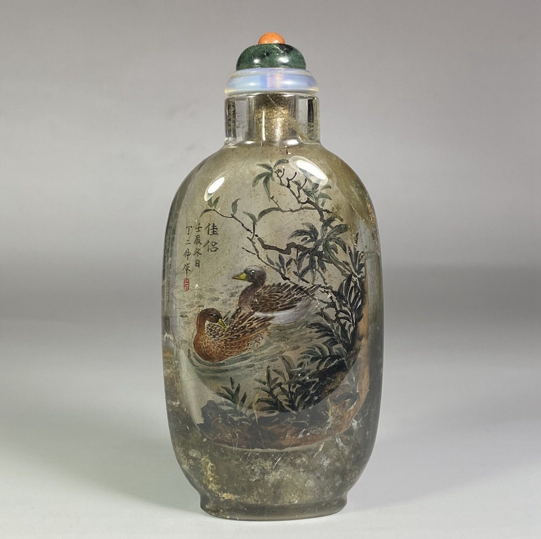 E7094 Old Chinese Inside Painting Crystal Mandarin Duck Design Snuff ...
