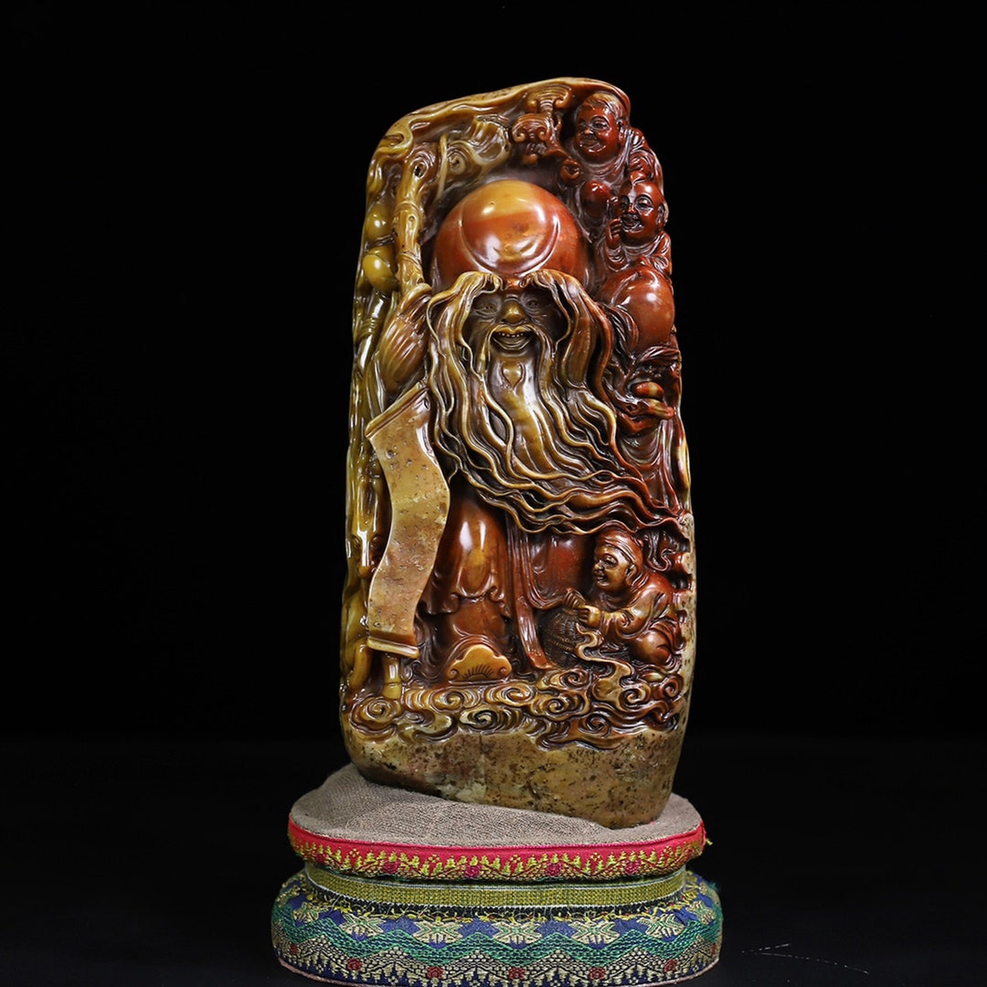 N1965 Vintage Chinese Shoshan Stone Carved Longevity Taoism Deity & Kid ...