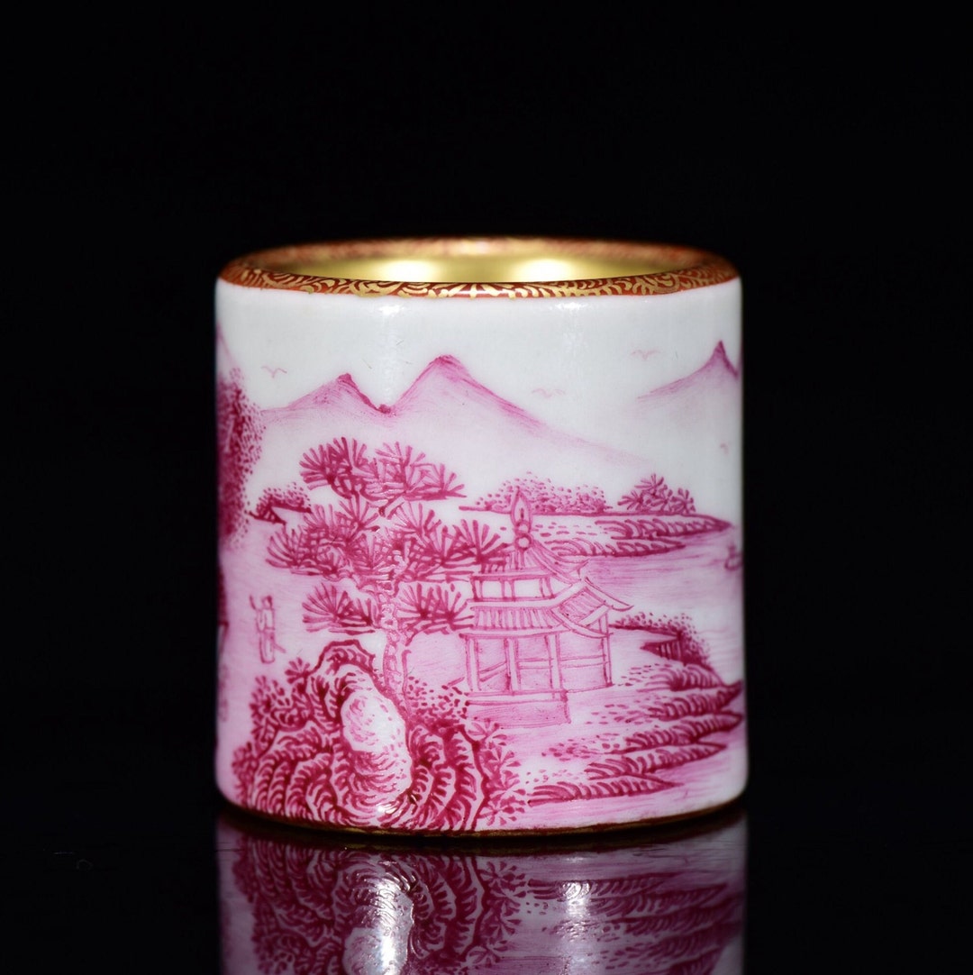 N1197 Chinese Gilt Gold Rouge Red Glaze Mountain River Scene Design ...