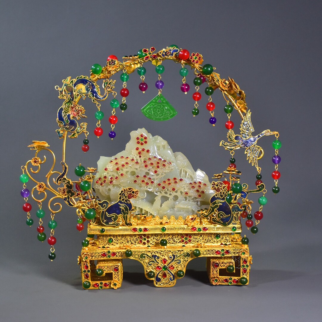 E8524 Exquisite Chinese Gold Wires Enamel Inlay Gem & Hetian Jade Crane ...