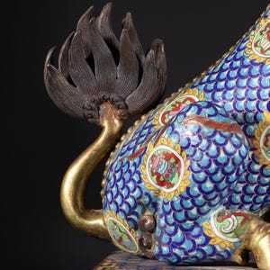 N6217 Vintage Chinese Gilt Gold Bronze Cloisonne Fortune Kylin Statue ...