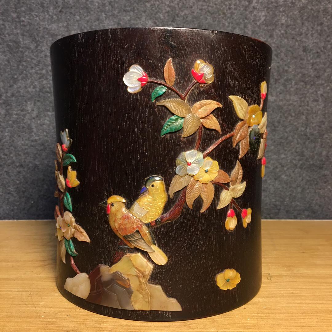 N5999 Old Chinese Zitan Wood Inlay Shell & Shoushan Stone,malachite ...