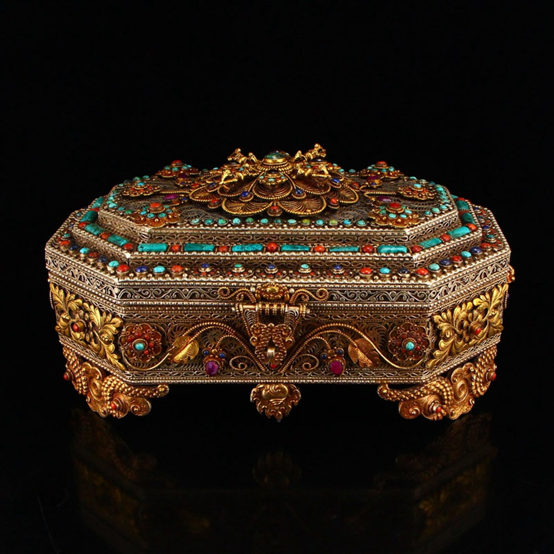 A6263 Vintage Tibetan Silver Inlay Natural Gems Jewelry Box - Etsy
